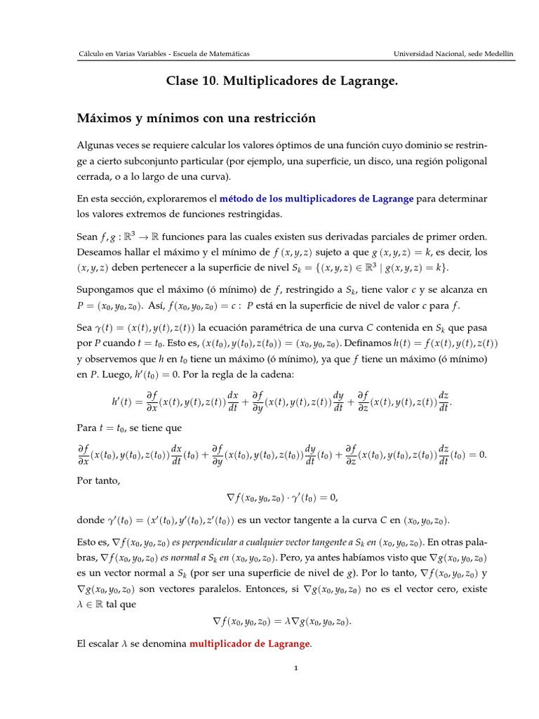 Clase 10. Multiplicadores de Lagrange | PDF | Matemáticas | Análisis matemático