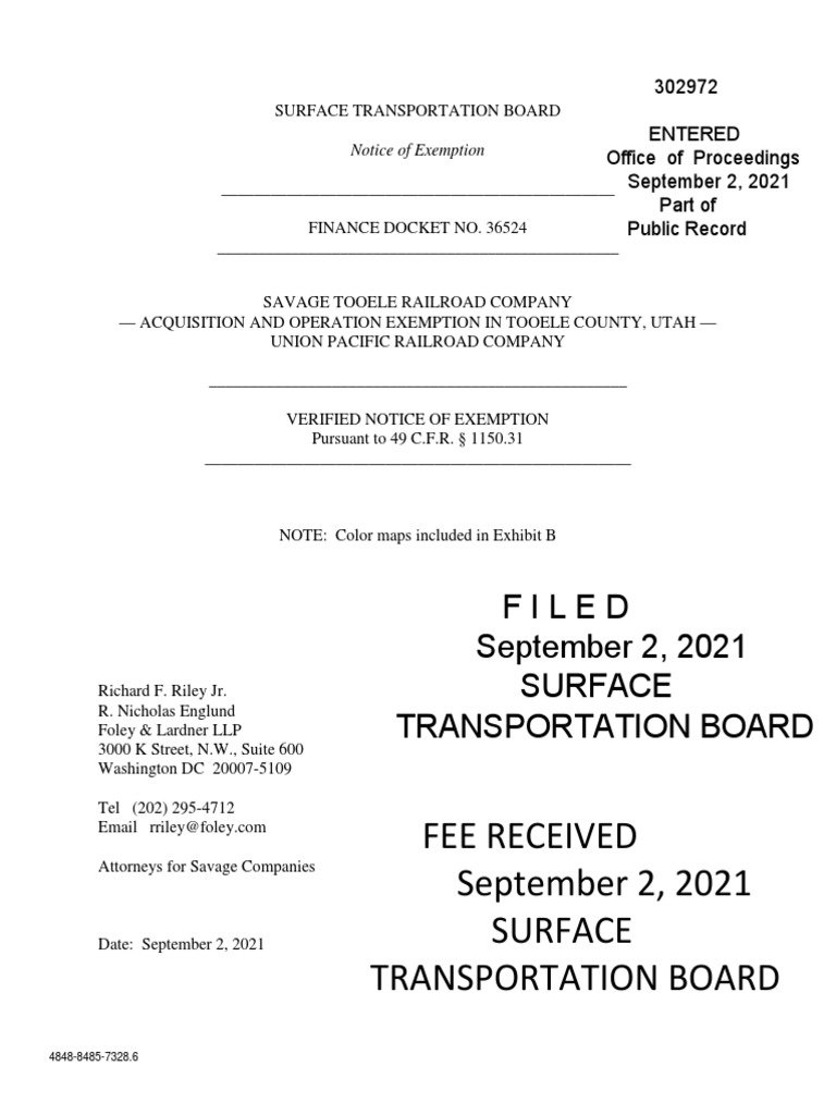 Savage Rail Tooele STB Filing | PDF | Common Law | Transport