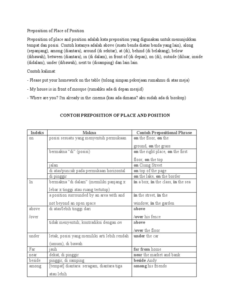 Preposition of Place of Position | PDF