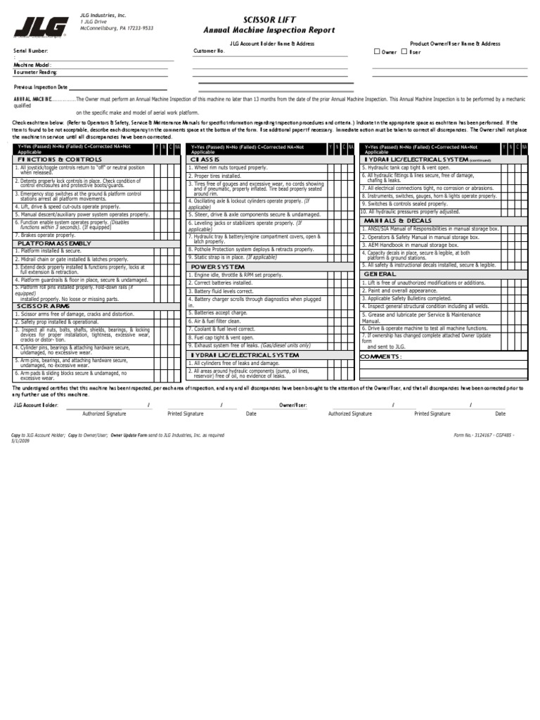 JLG Scissor Lift Annual Inspection Form | PDF | Bearing (Mechanical ...