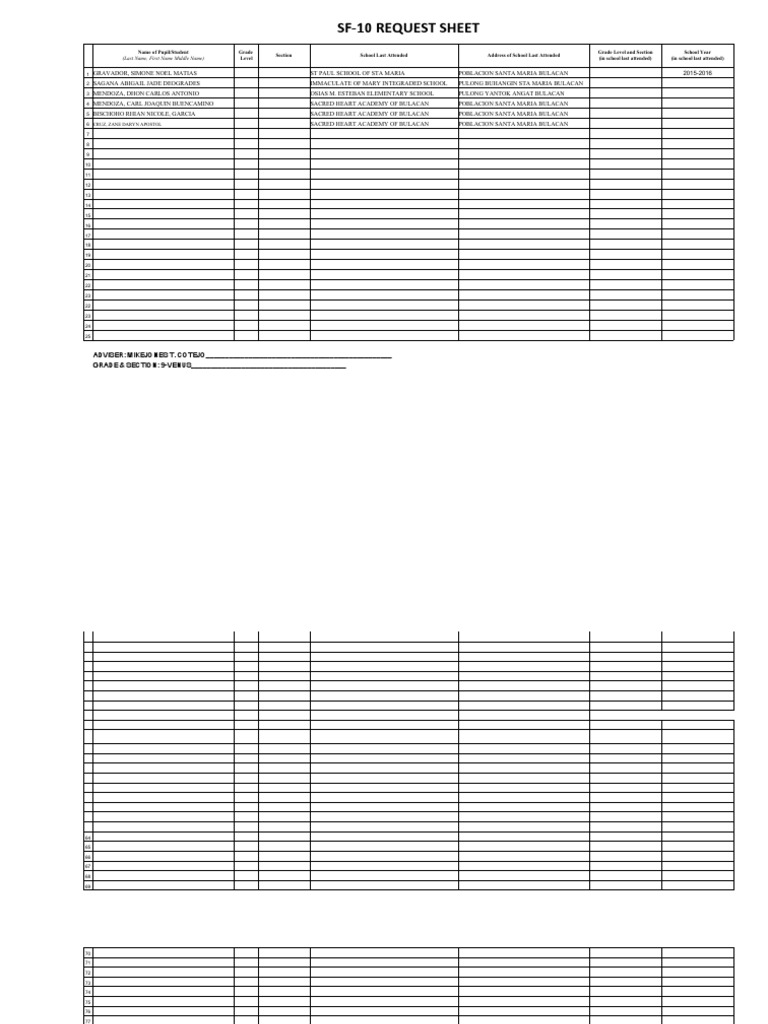 SF10 Request Sheet Sy 2021 2022 | PDF