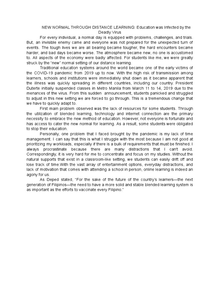 NEW NORMAL THROUGH DISTANCE LEARNING - Education Was Infected by The ...