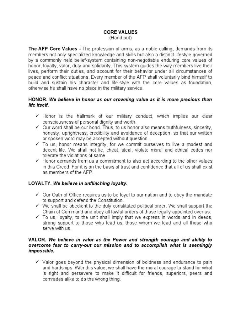 CORE VALUES Hand Out | PDF | Courage | Integrity