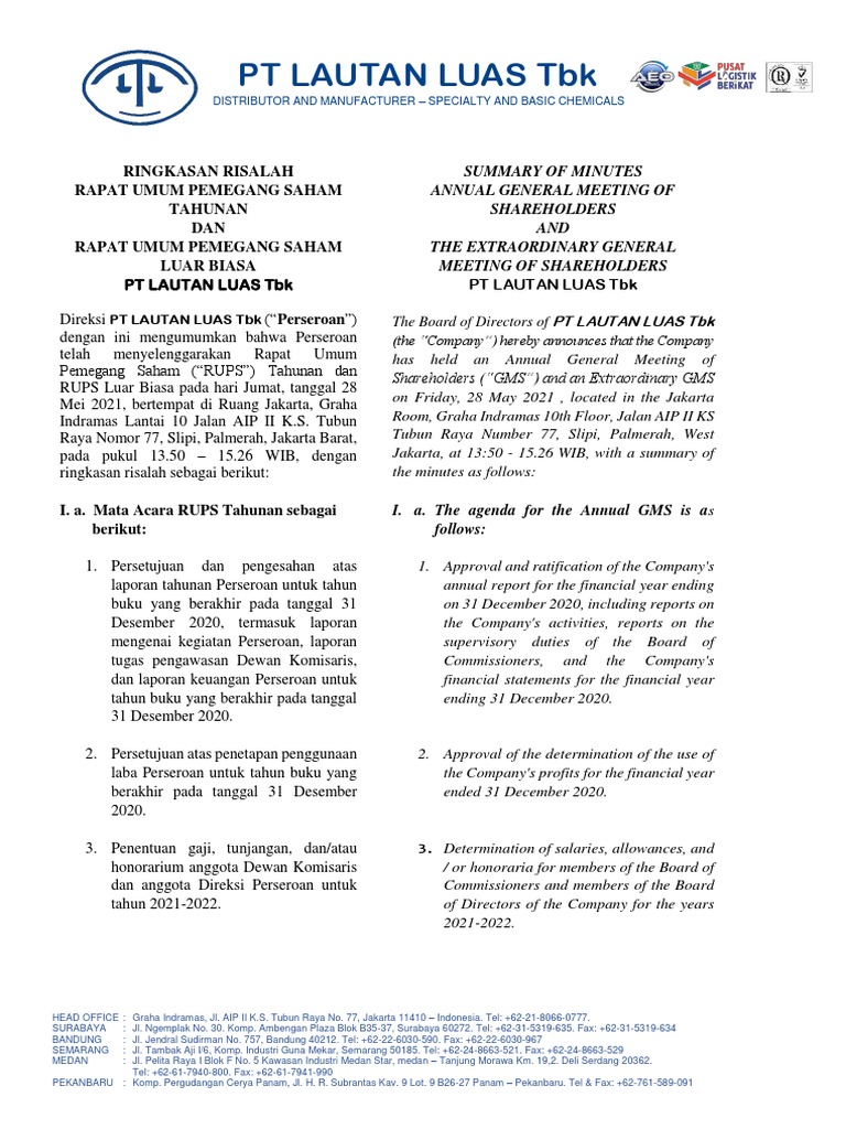 Risalah RUPS PT Lautan Luas Tbk | PDF | Bisnis | Pengelolaan Keuangan ...