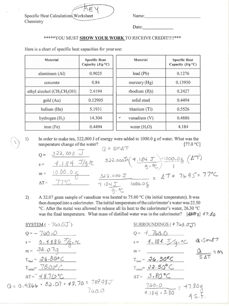 Specific Heat Calculations Worksheet Key | PDF
