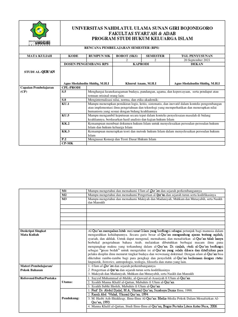 RPS STUDI AL-QUR'AN Agus Sholah 2021 | PDF