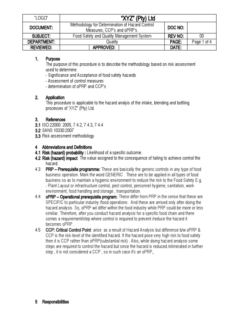 Methodology For Determination of Hazard Controls CCP S and OPRP S | PDF ...