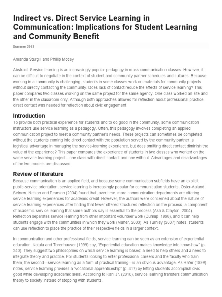 Indirect vs. Direct Service Learning in Communication: Implications For ...
