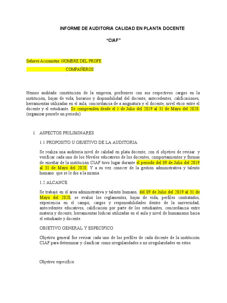 INFORME DE AUDITORIA Ejemplo | PDF | Maestros | Auditoría