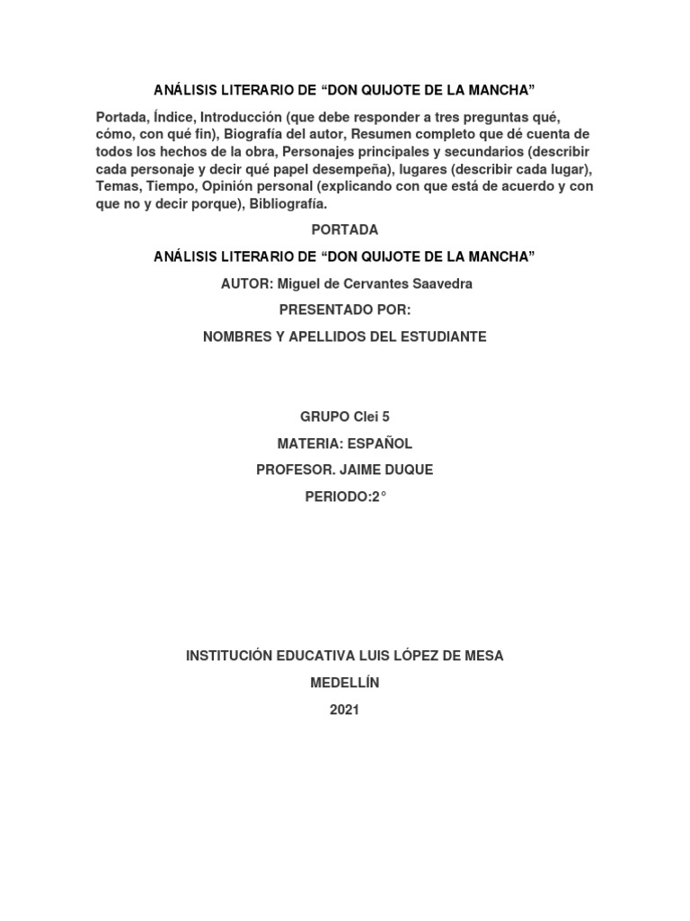 ANÁLISIS LITERARIO DE DON QUIJOTE DE LA MANCHA CLEI 5 Periodo 2° | PDF ...