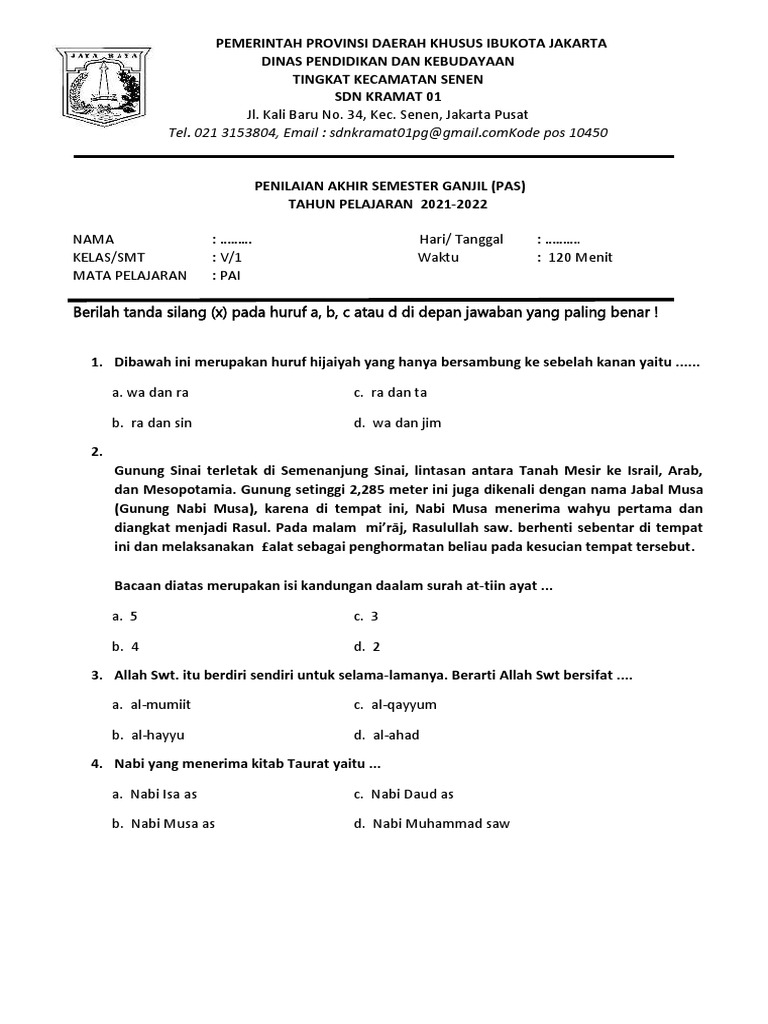 Soal2 Pas Pai KLS 5-S1 | PDF