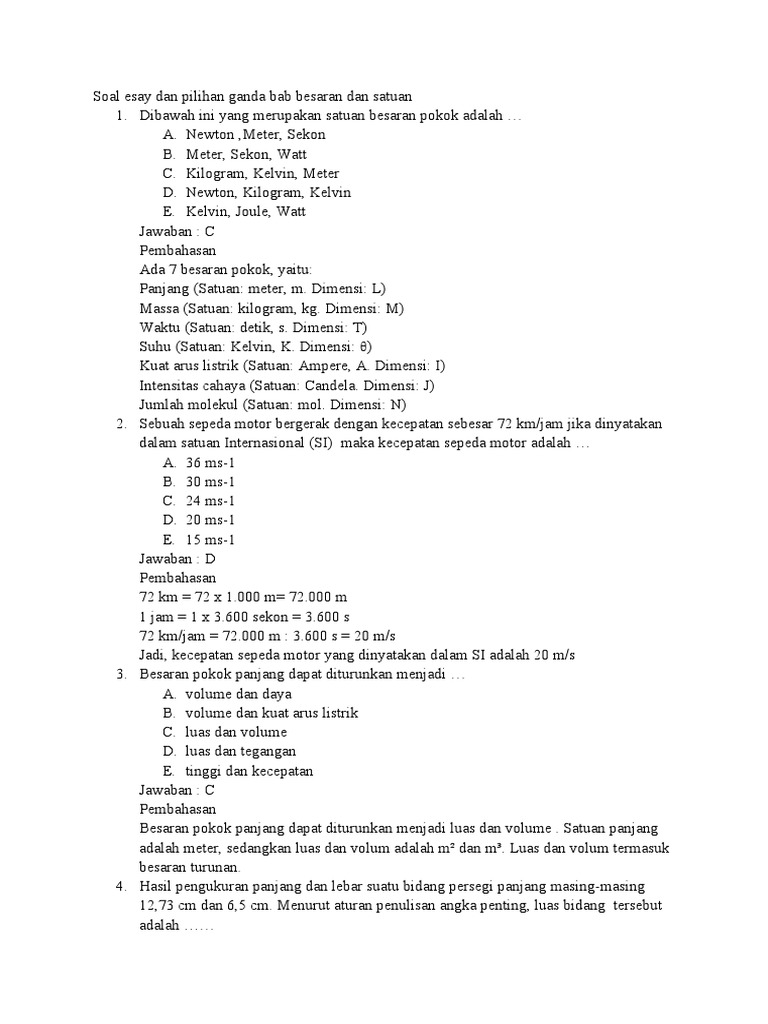Soal Esay Dan Pilihan Ganda Bab Besaran Dan Satuan | PDF