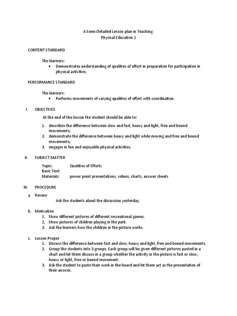 Pe Grade 1 Qualities of Efforts | PDF | Lesson Plan | Learning
