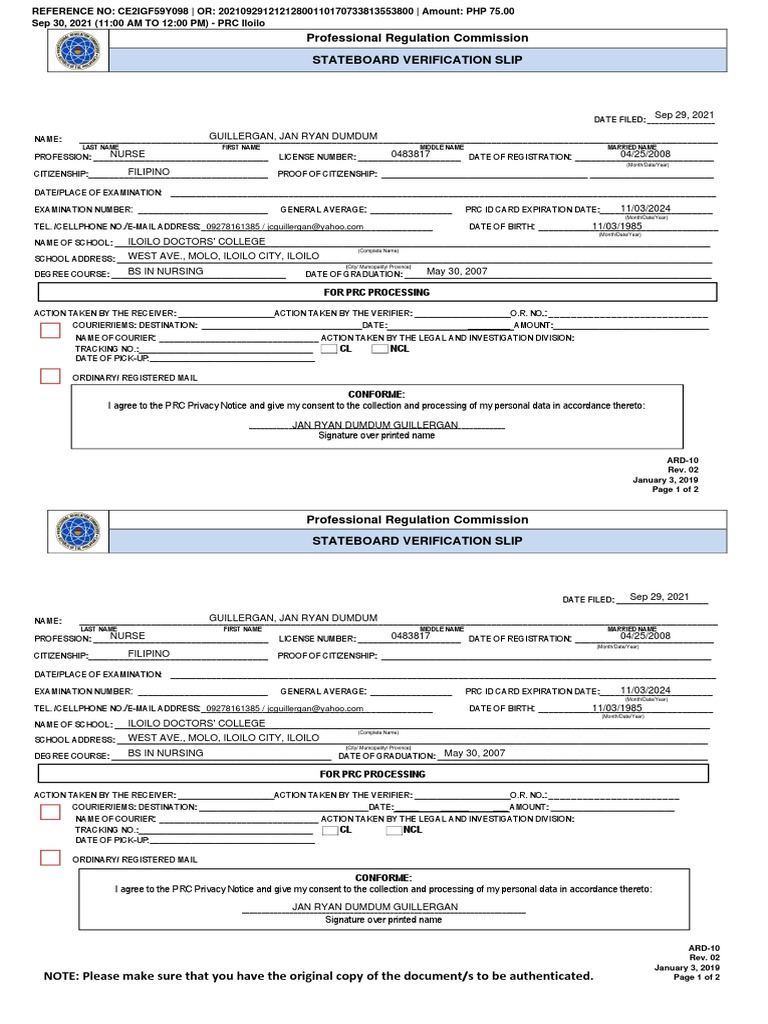 Professional Regulation Commission Stateboard Verification Slip | PDF ...