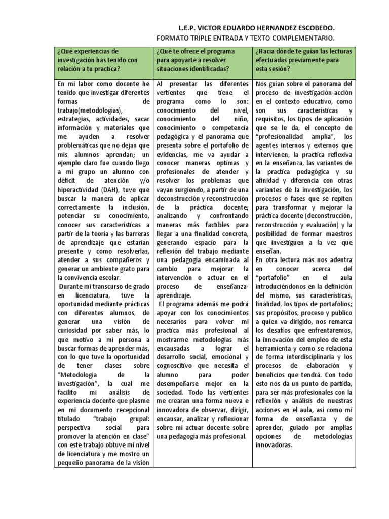 Formato Triple Entrada y Texto Complementario. | PDF | Aprendizaje ...