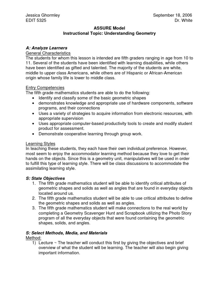 Example of ASSURE Model - Understanding Geometry | PDF | Learning ...