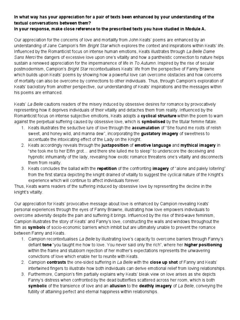 PEM 2021 English Advanced Mod A Question For Keats and Bright Star ...