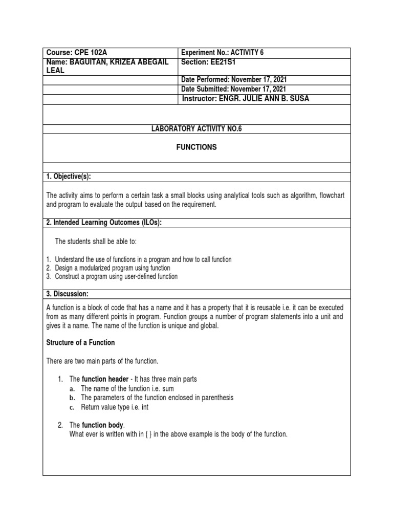 CPE 102A Lab Activity 6: Functions | PDF | Parameter (Computer ...