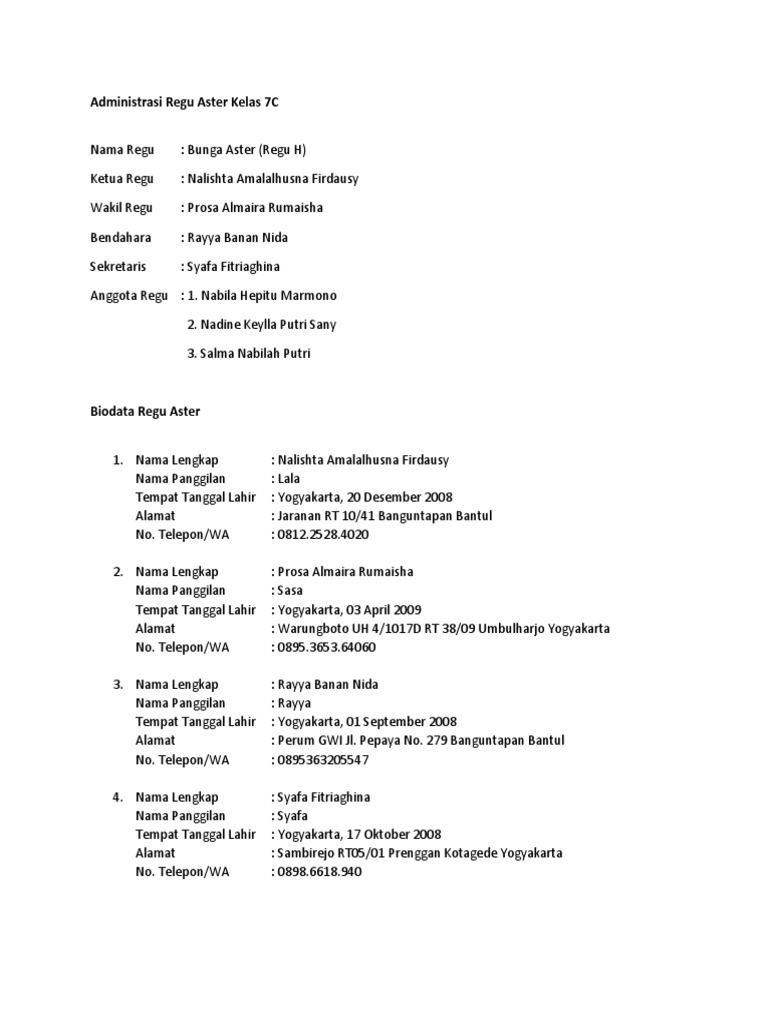 Daftar Anggota Regu Aster 7C | PDF