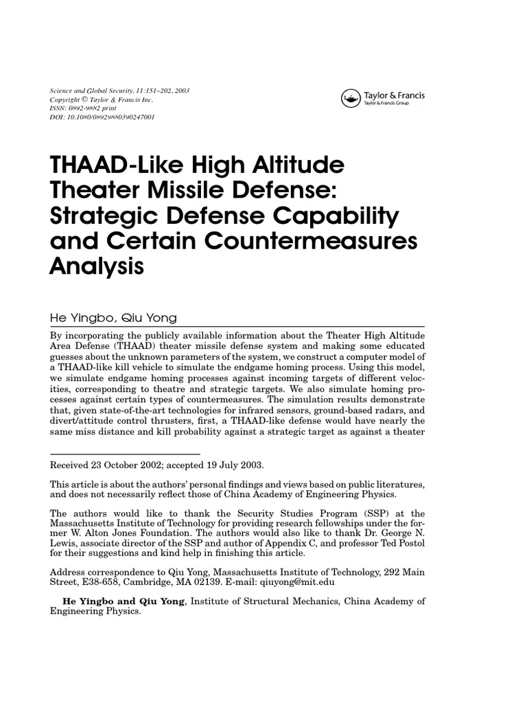 THAAD-Like High Altitude Theater Missile Defense: Strategic Defense ...
