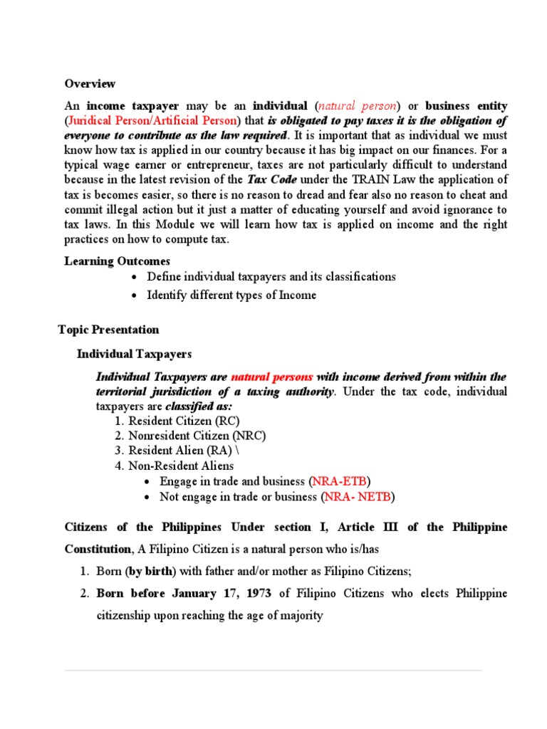 Classification of Individual Taxpayer | PDF | Taxpayer | Capital Gains Tax