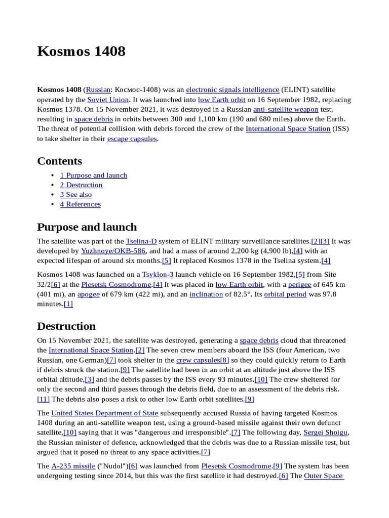 Kosmos 1408 | PDF | Space Debris | Satellite