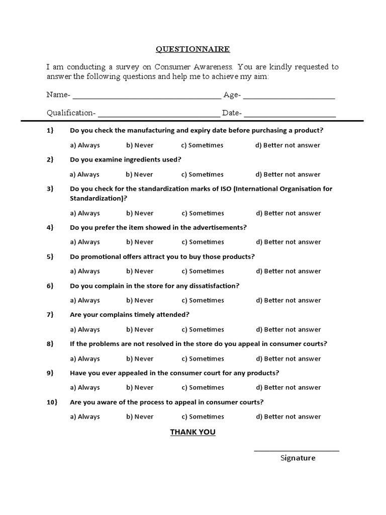 Questionnaire On Consumer Awareness Class 11th | PDF