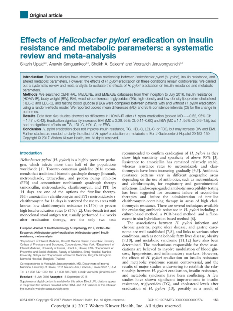 Effects of Helicobacter Pylori Eradication On Insulin Resistance and Metabolic Parameters: A ...