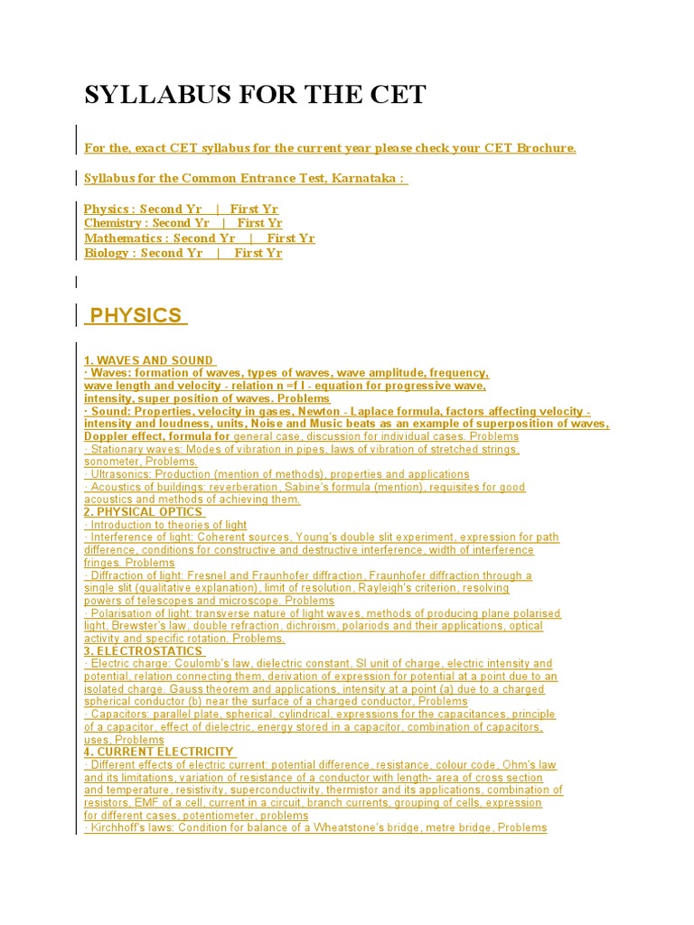 Syllabus For The Cet: Physics | PDF | Trigonometric Functions | Complex Number