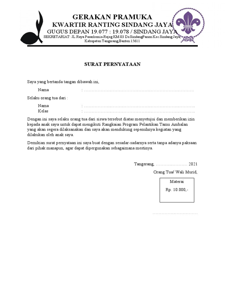 Surat Pernyataan Orang Tua Tamu Ambalan | PDF