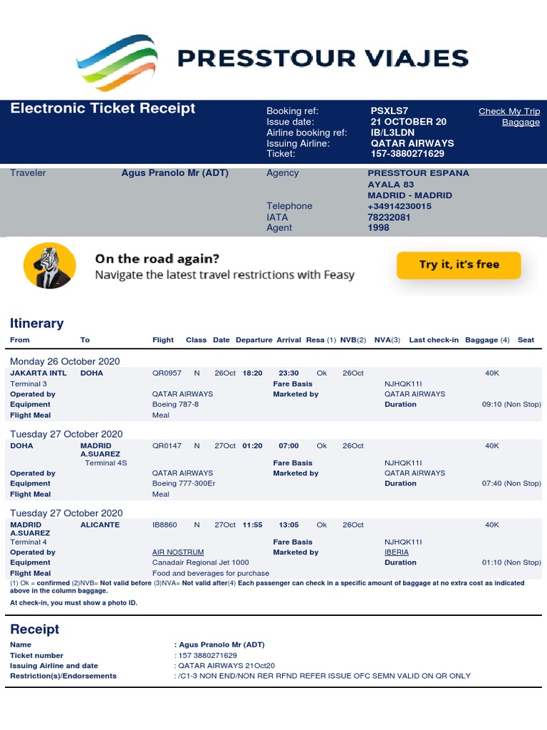 2020 10 26 AGUS PRANOLO MR Ticket Receipt JKT DOH MAD ALC 26OCT2020 | PDF | Dangerous Goods ...