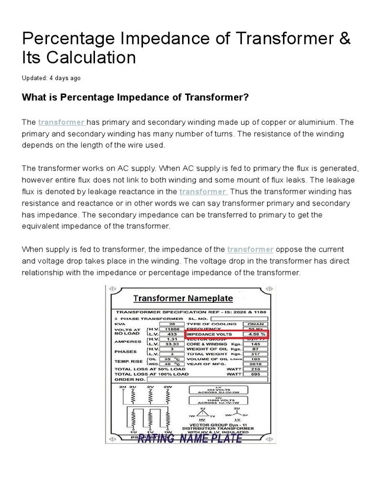 Percentage Impedance of Transformer & Its Calculation | PDF ...