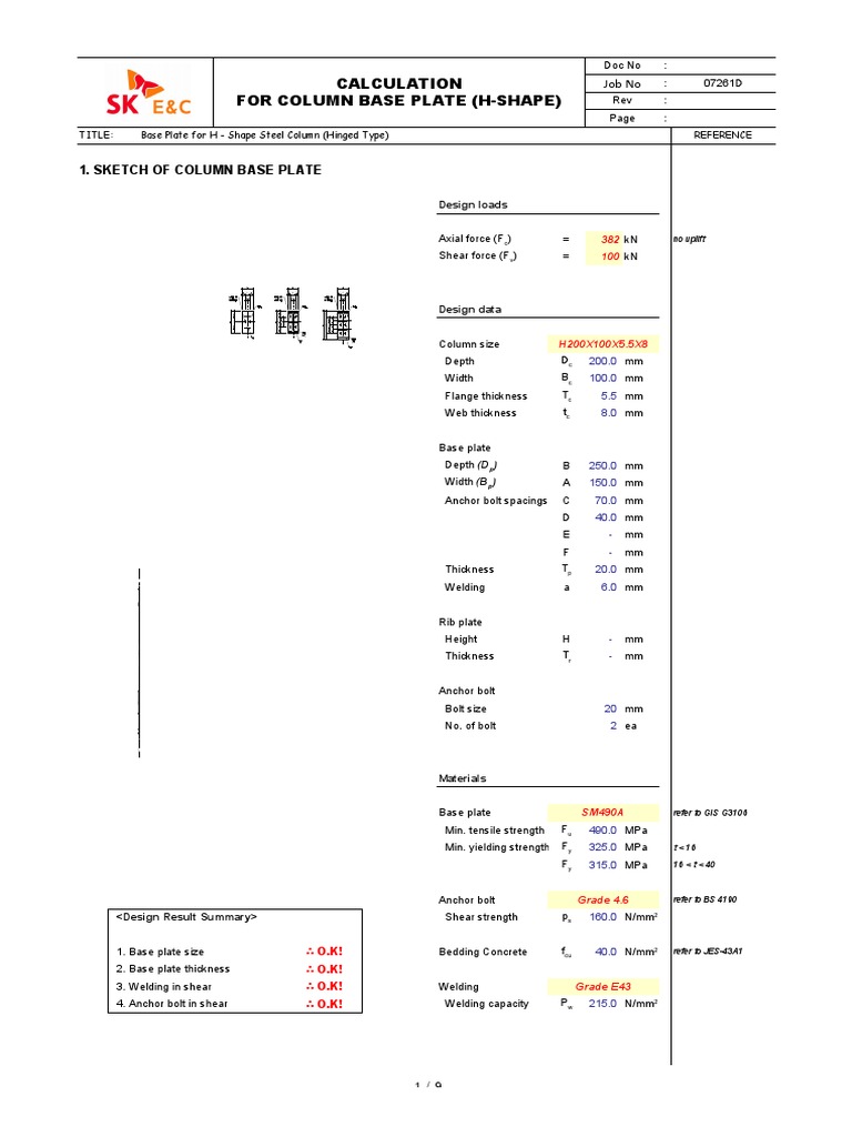 Calculation For Column Base Plate (H-Shape) | PDF | Screw | Column