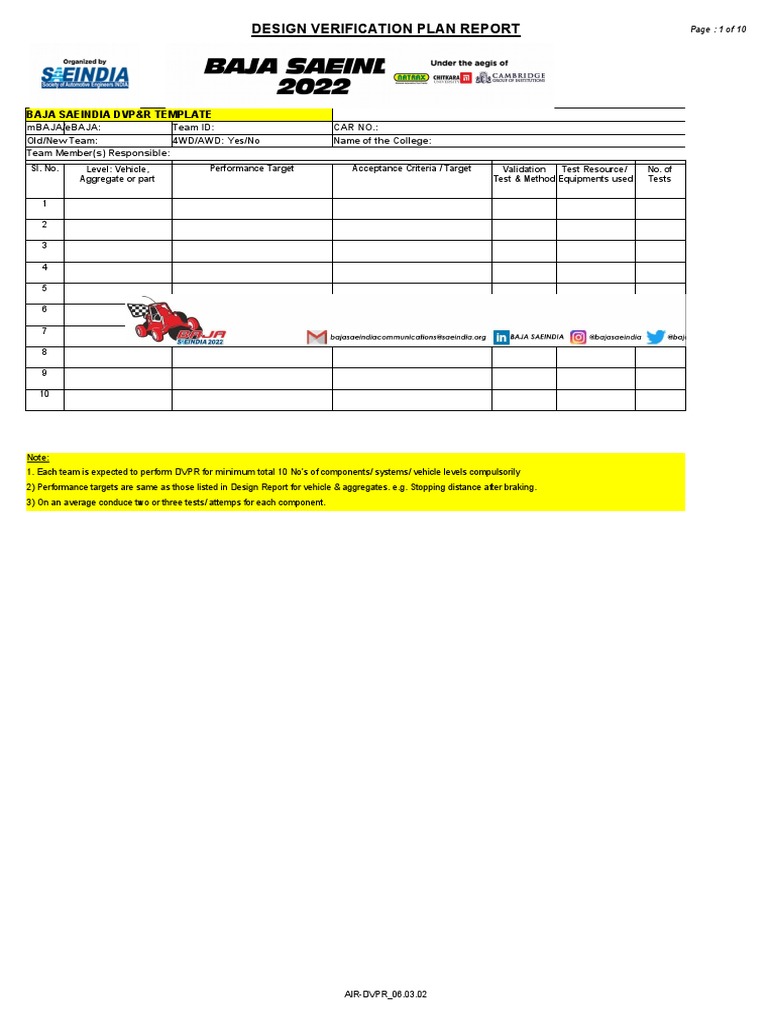Baja Saeindia 2022 DVP&R + Dfmea Template | PDF | Transmission ...
