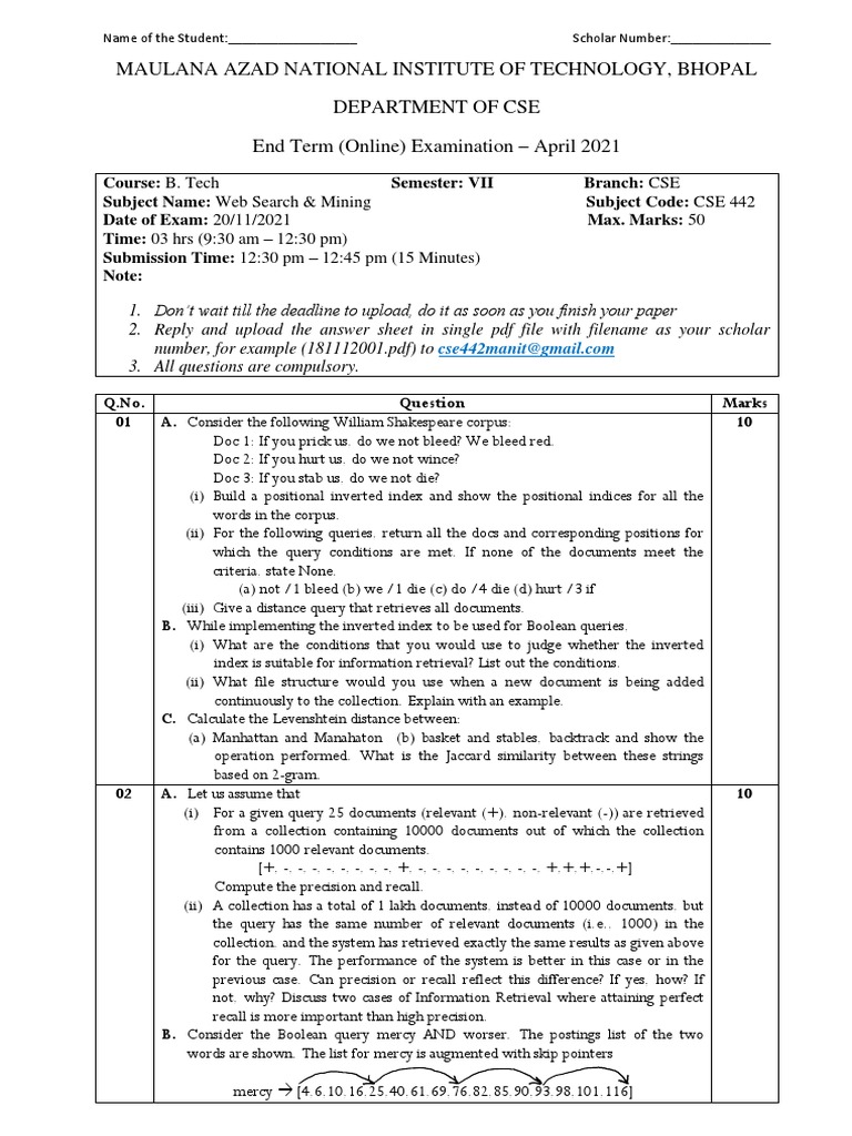 B Tech WSM CSE 442 Endterm Online NOV 20-11-2021 | PDF | Computing | Information Retrieval