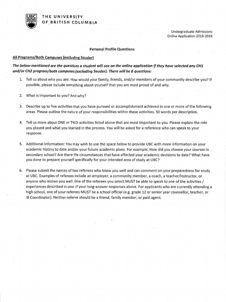 UBC Personal Profile Questions | PDF