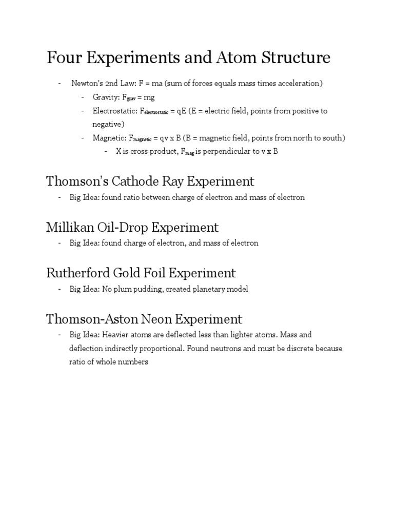 Four Experiments and Atom Structure: Thomson's Cathode Ray Experiment | PDF
