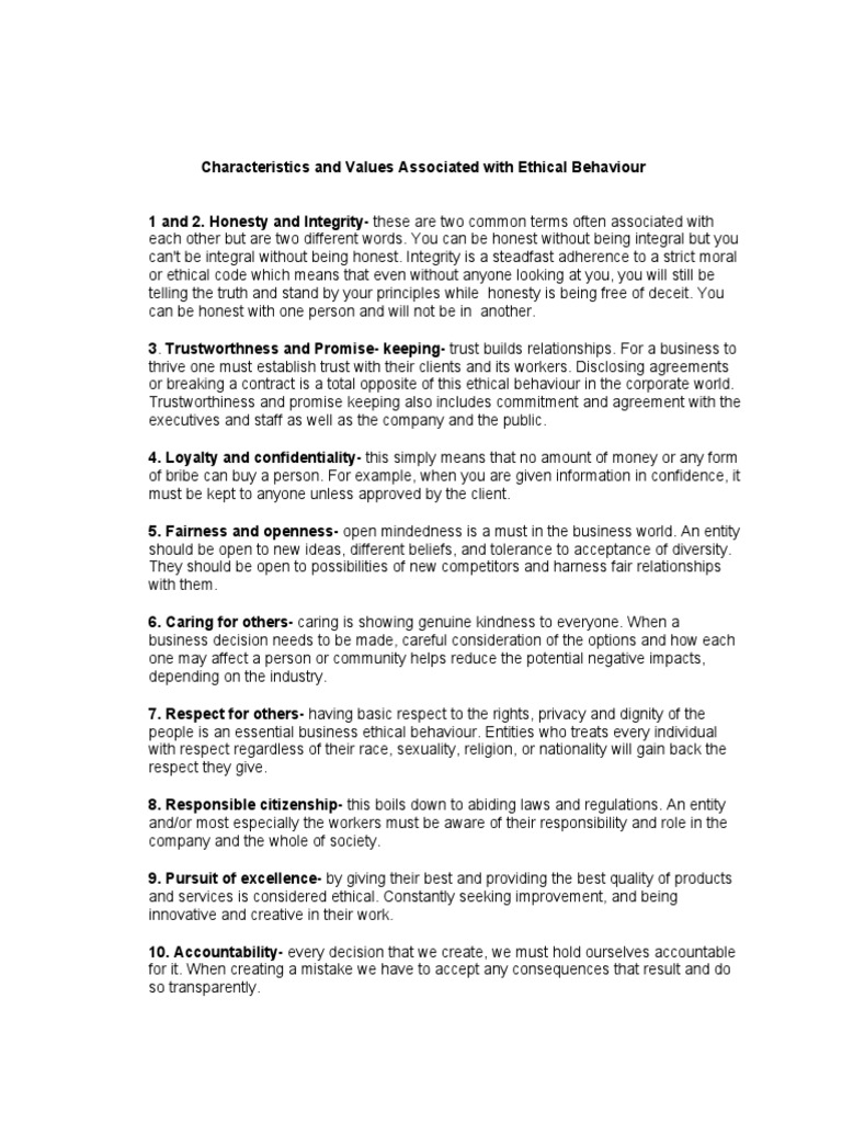 Characteristics and Values Associated With Ethical Behaviour | PDF ...