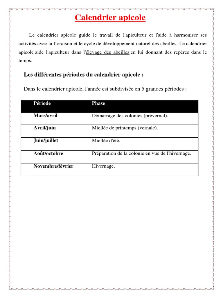Calendrier apicole annuel détaillé | PDF | Apiculture | Apis (insecte)