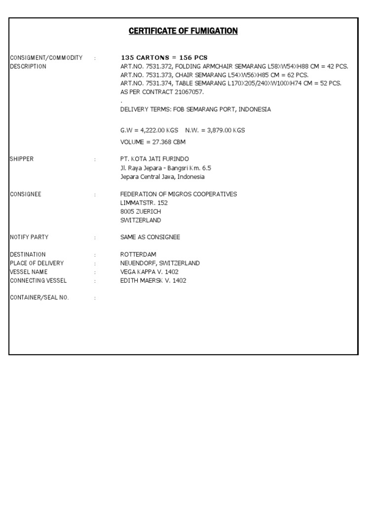 Certificate of Fumigation: 135 CARTONS 156 PCS | PDF