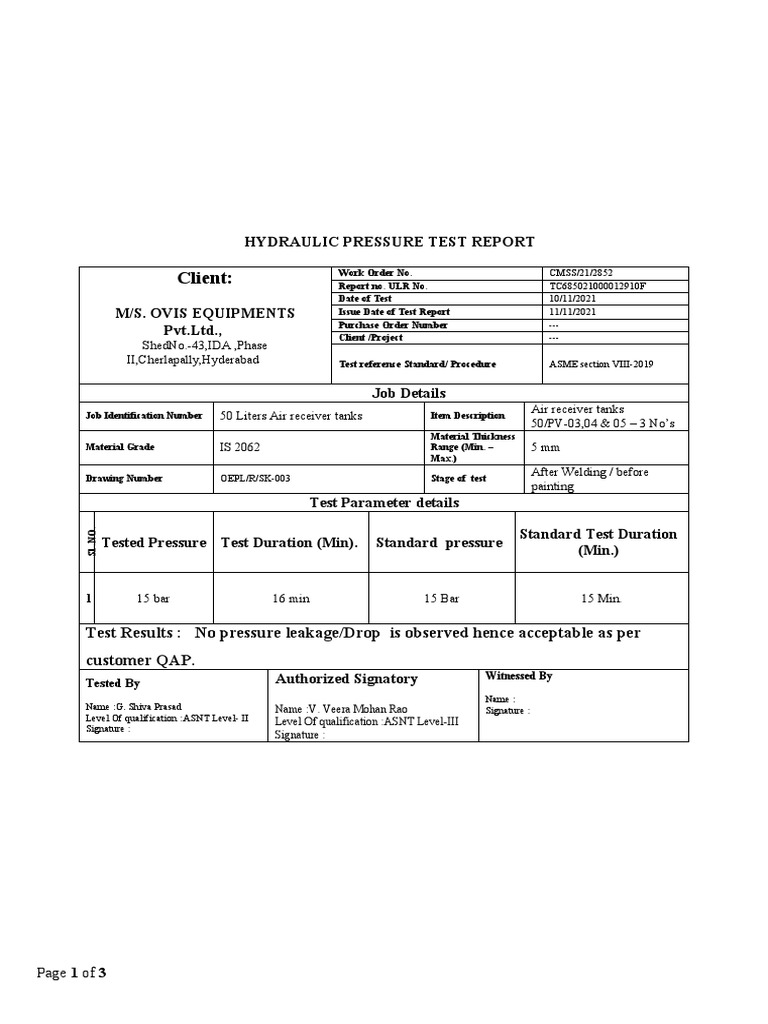 Client:: Hydraulic Pressure Test Report | PDF | Mechanical Engineering ...