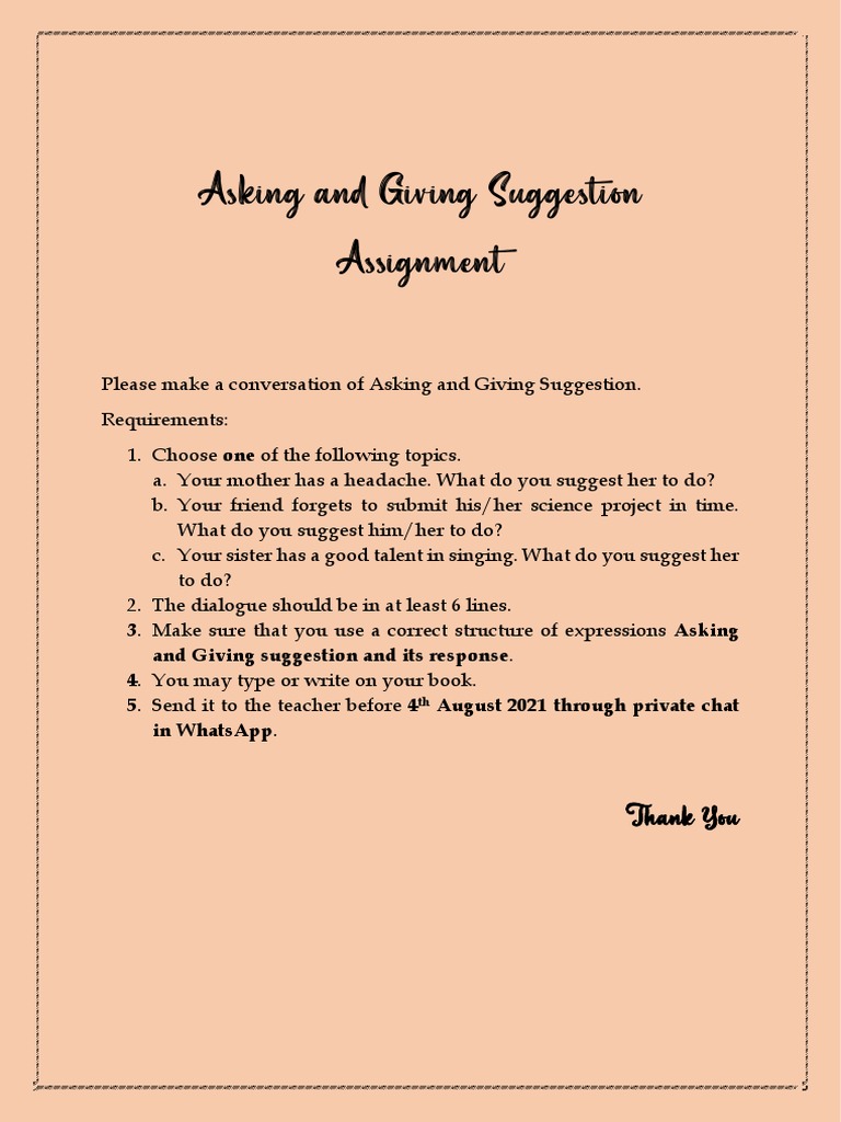 Assignment - Asking and Giving Suggestion (Making Dialogue) | PDF ...