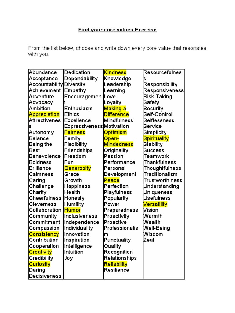 Core Values Find | PDF | Career & Growth