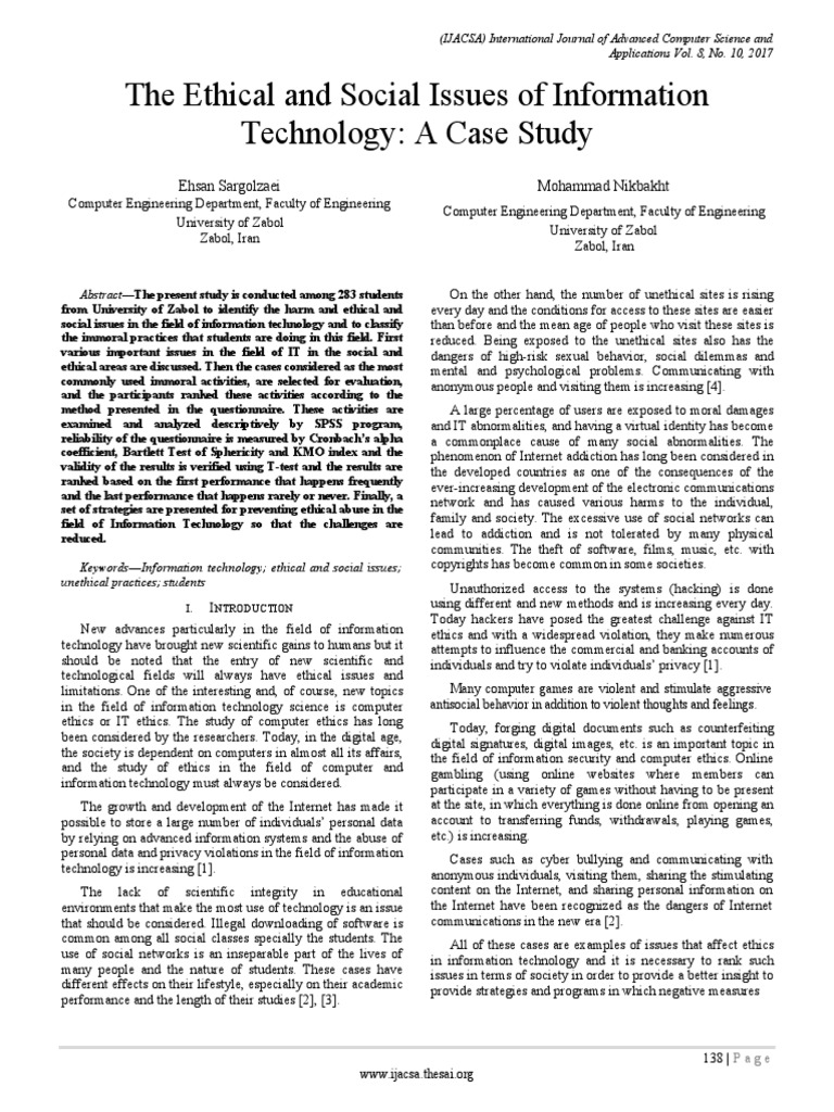 The Ethical and Social Issues of Information Technology: A Case Study ...