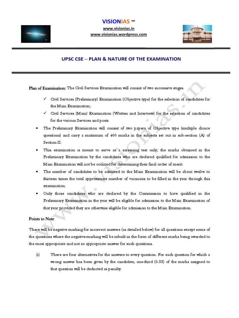 Upsc Cse - Plan & Nature of The Examination: Vision | PDF