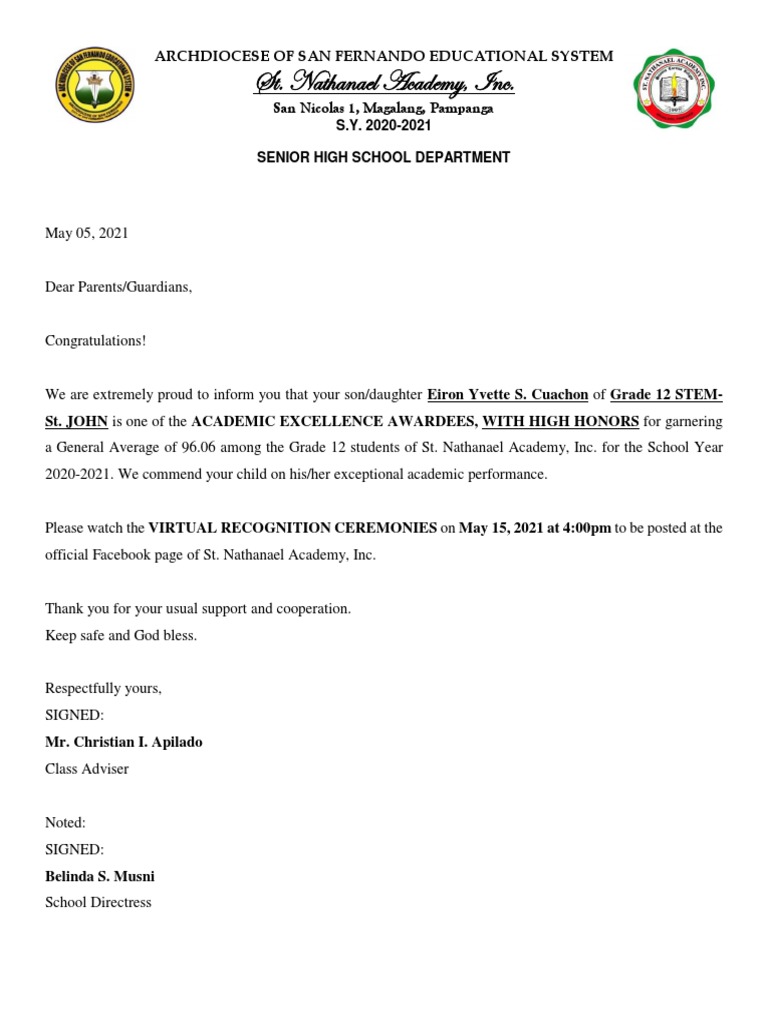 Academic Excellence and High Honors: A Letter Congratulating a Student ...