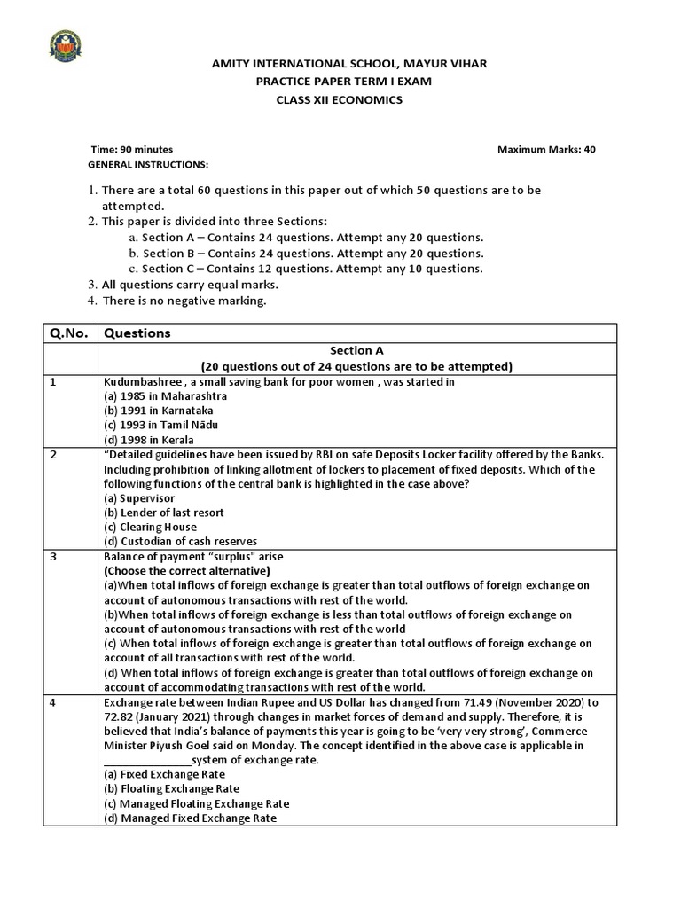 Q.No. Questions: Amity International School, Mayur Vihar Practice Paper Term I Exam Class Xii ...