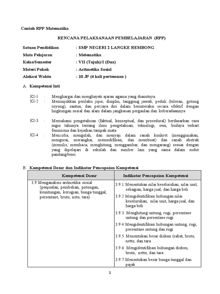 Contoh RPP Matematika | PDF