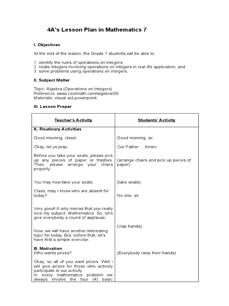 4a's Lesson Plan in Mathematics 7: I. Objectives | PDF | Division ...