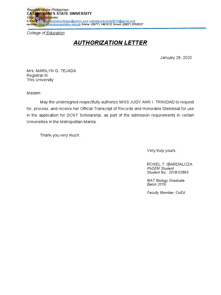 Authorization Letter: College of Education | PDF